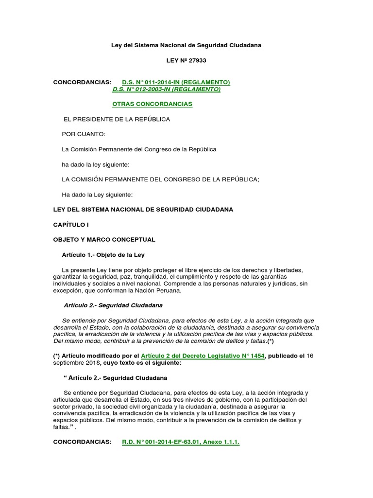 Ley #27933 - Ley Del Sistema Nacional de Seguridad Ciudadana | PDF ...