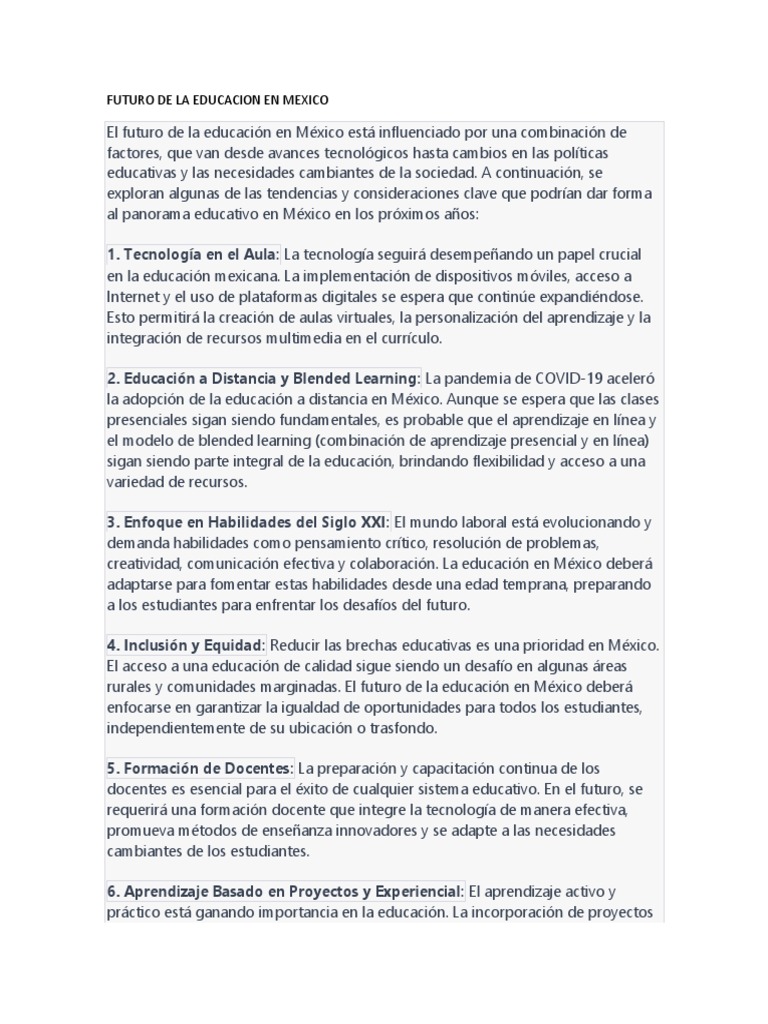 Futuro de La Educacion en Mexico | PDF