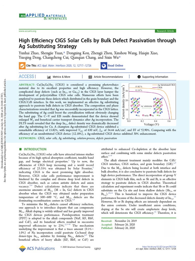 High Efficiency CIGS Solar Cells by Bulk Defect Passivation Through | PDF