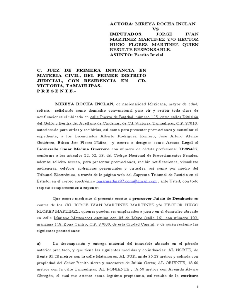 Demanda Civil de Desahucio (Mireya Rocha Inclan) | PDF | Ley común ...