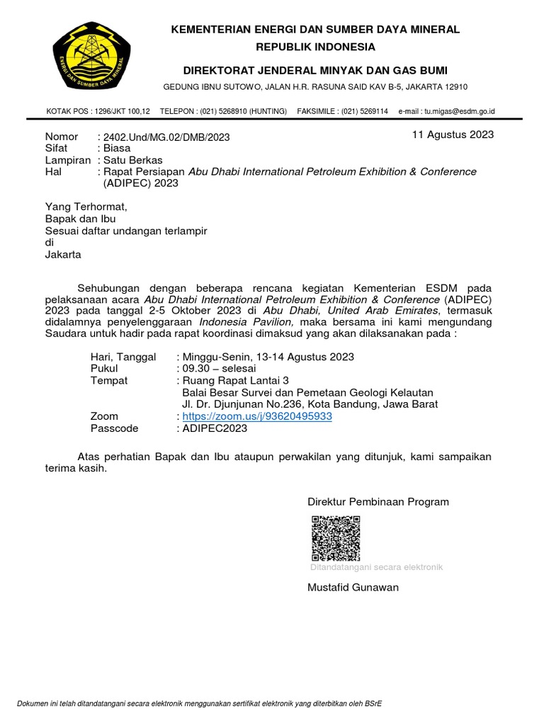 Final Undangan Rapat Persiapan ADIPEC 2023 | PDF