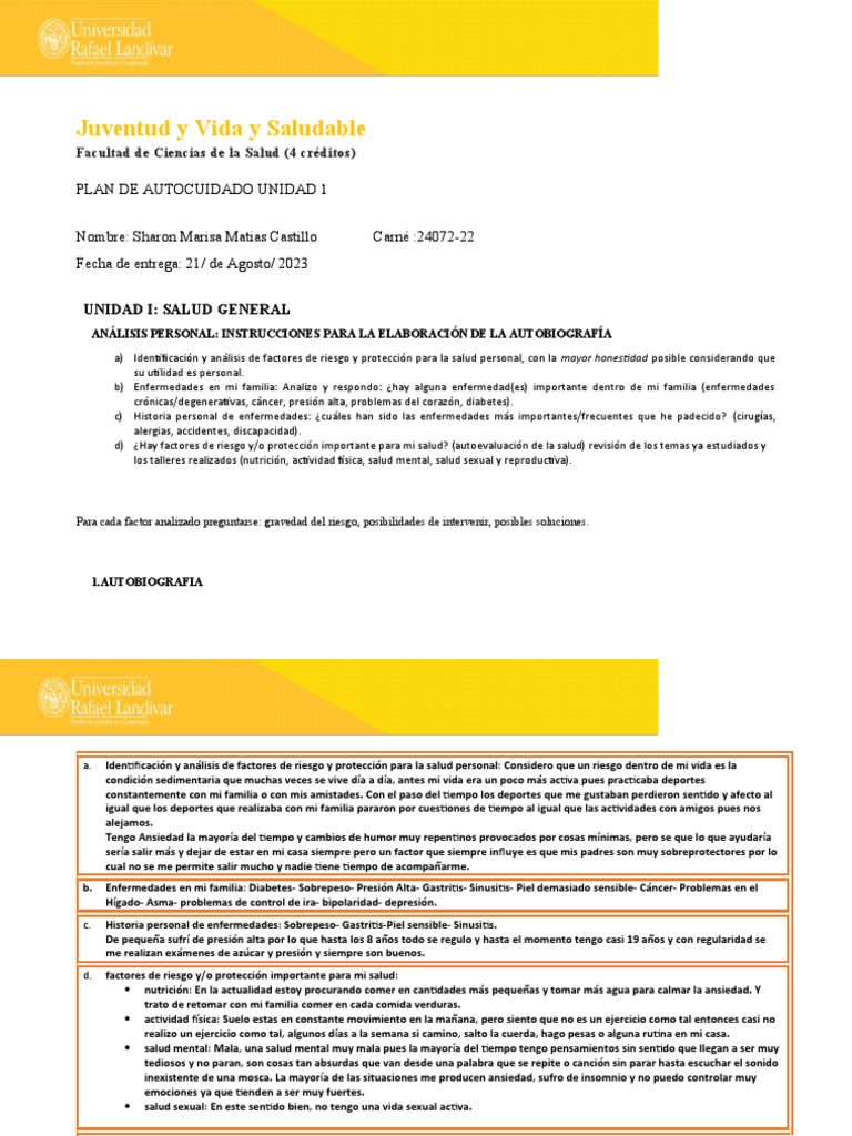 Plan de Autocuidado Unidad 1 JVS | PDF | Estilo de vida