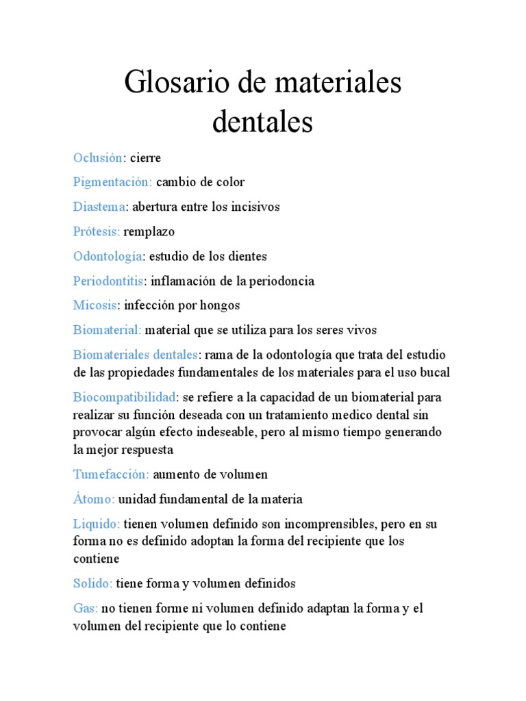 Glosario de materiales dentales | PDF