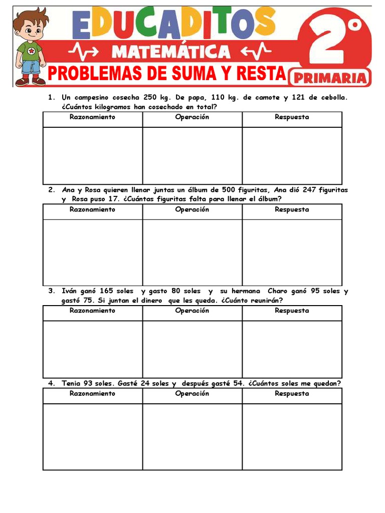 Problemas de Suma y Resta para Segundo Grado de Primaria | PDF | Hogar ...