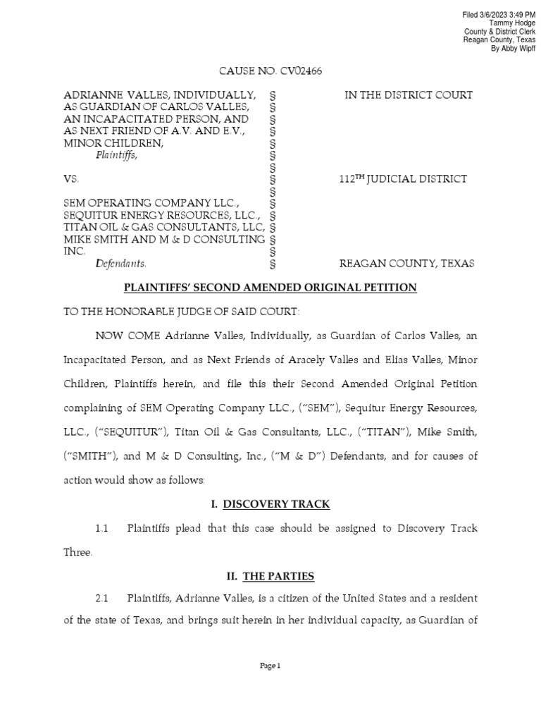 Oil and Gas Injury: Plaintiffs' Second Amended Original Petition in ...