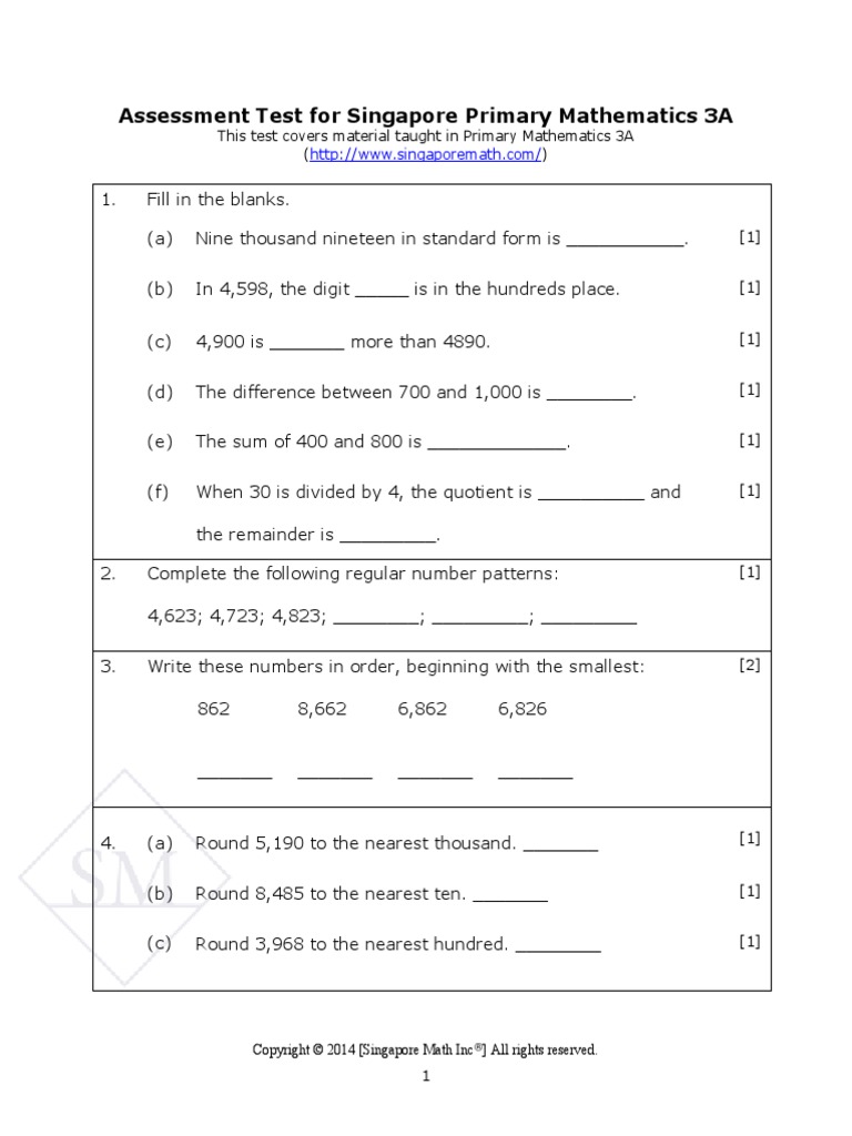 Placement SG Primary - Mathematics - 3A | PDF | All Rights Reserved ...