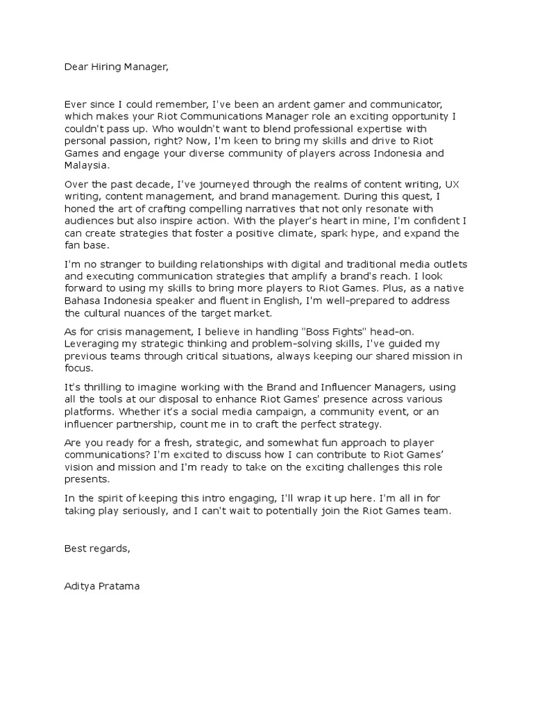 Riot Games Cover Letter | PDF