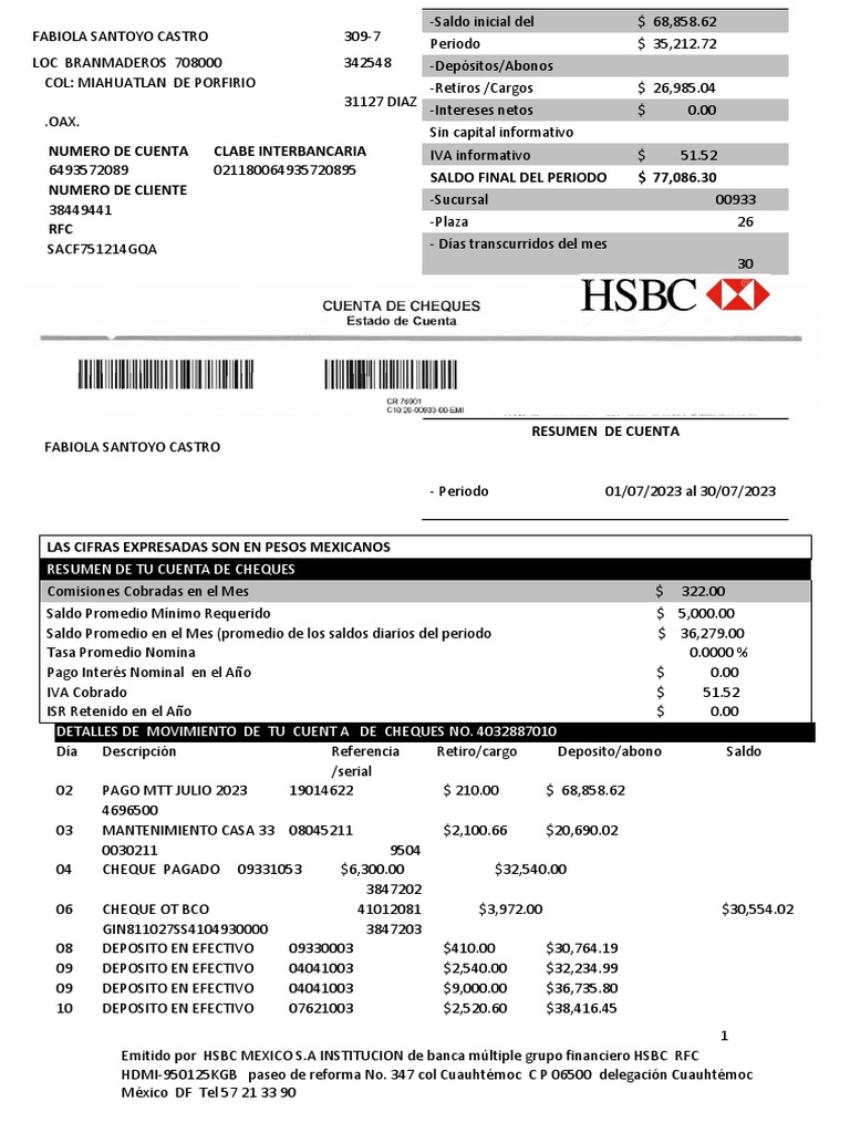 Resumen de Cuenta HSBC: Movimientos y Saldo | PDF