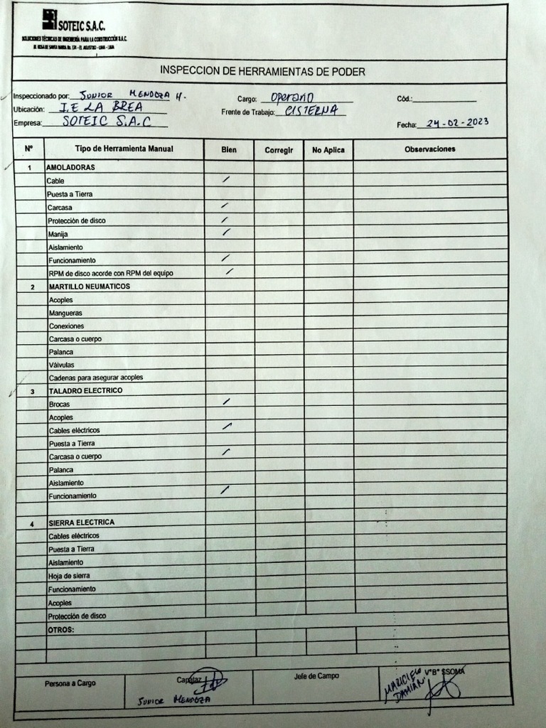 Insp. Herra. Poder - SOTEIC S.A.C | PDF | Perforar | Ingenieria Eléctrica