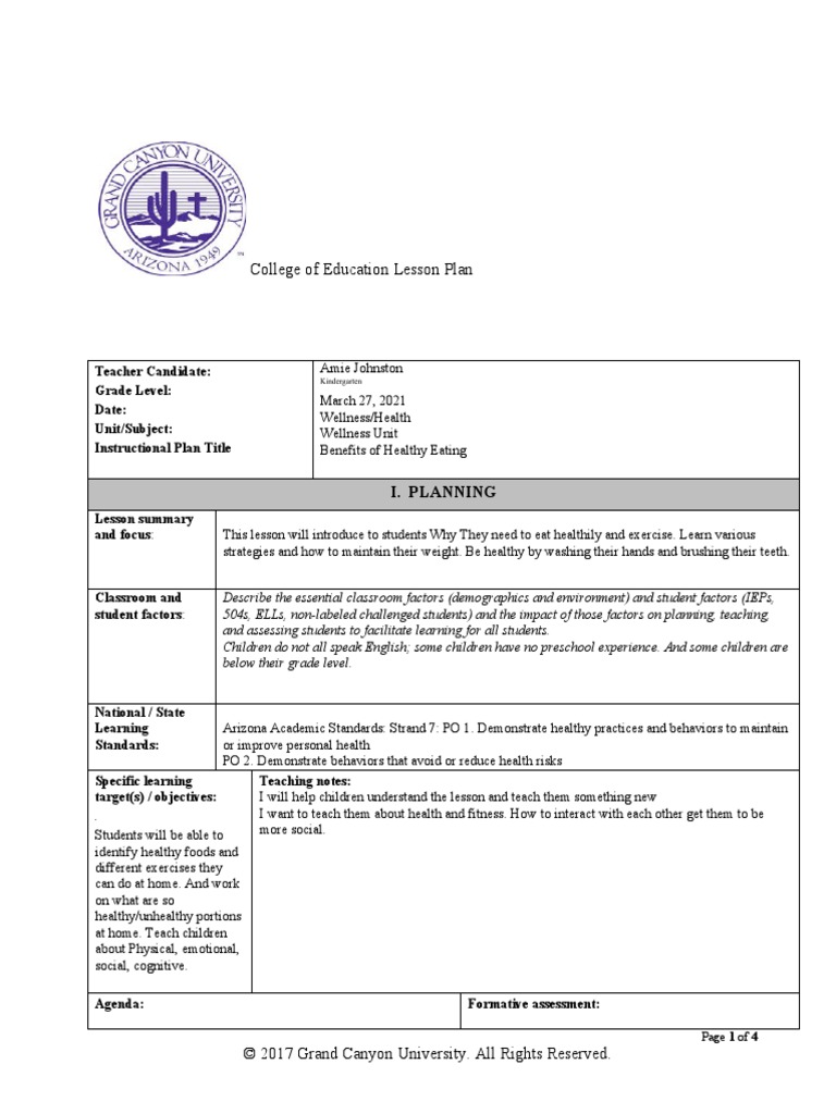 Wellness Lesson Plan Amie Johnston - Redo | PDF