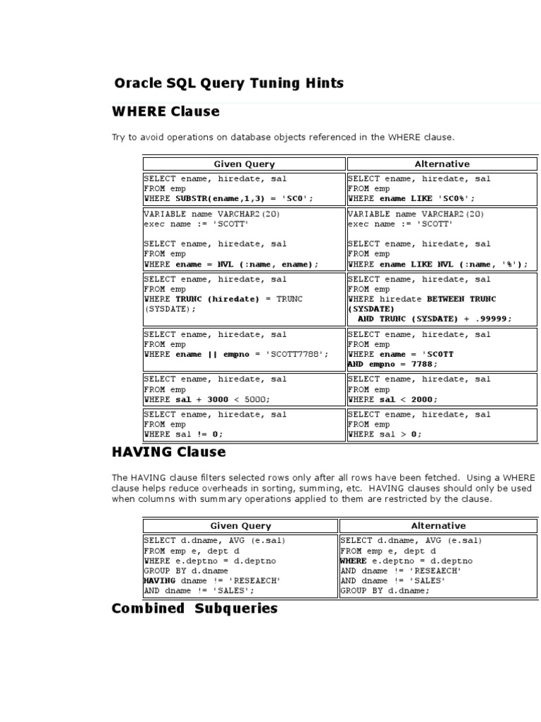 Oracle Sql Query Tuning Hints Pdf Computer Programming Data