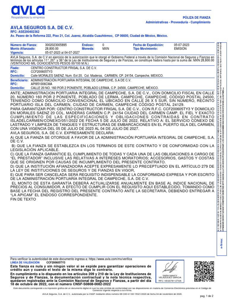 Avla Seguros S.A. de C.V.: CCF200605TY3 | PDF