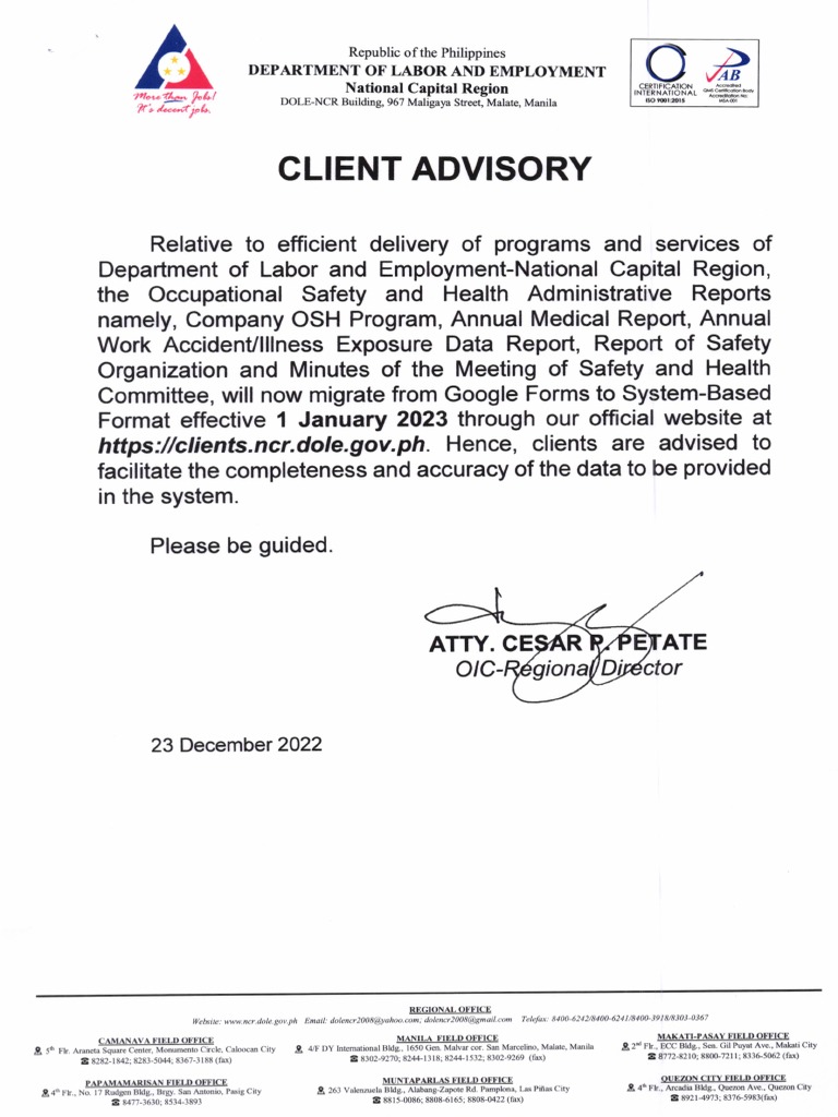 ADVISORY - OSH Administrative Reports To Be Submitted Via DOLE-NCR ...