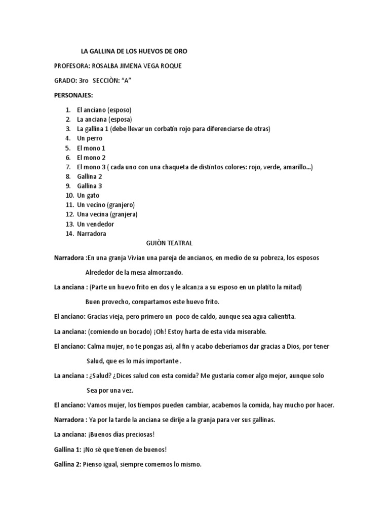La Gallina de Los Huevos de Oro Guion Teatral | PDF