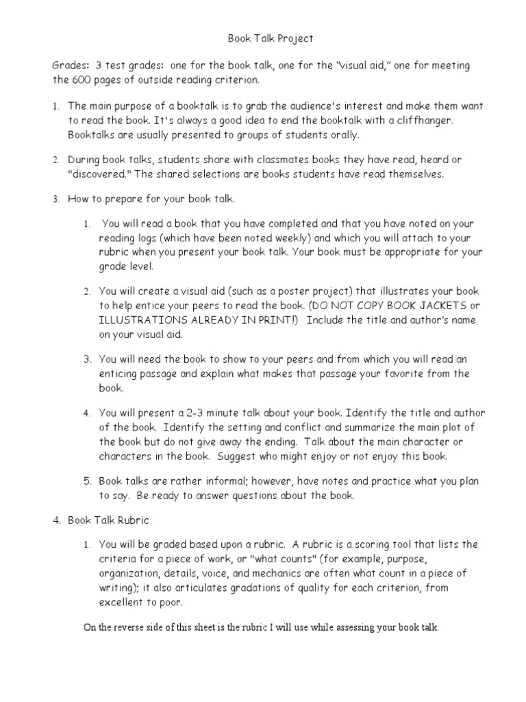 Book Talk Rubric | PDF | Rubric (Academic) | Books