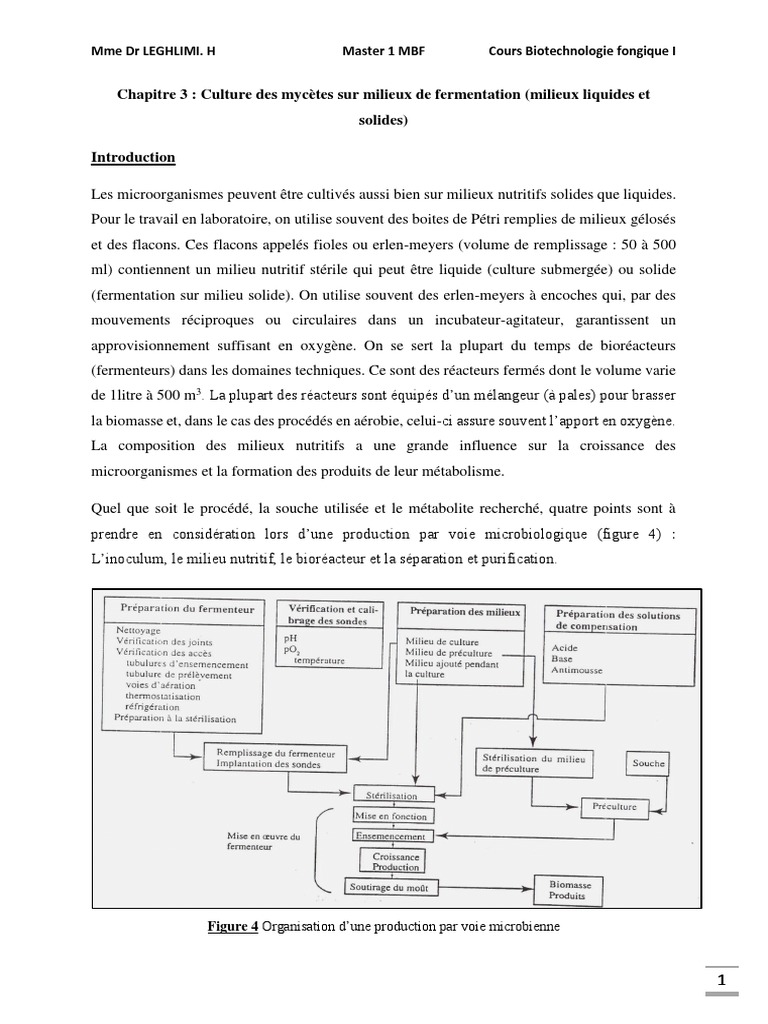 Culture Des Mycètes Sur Milieux de Fermentation (Milieux Liquides Et ...