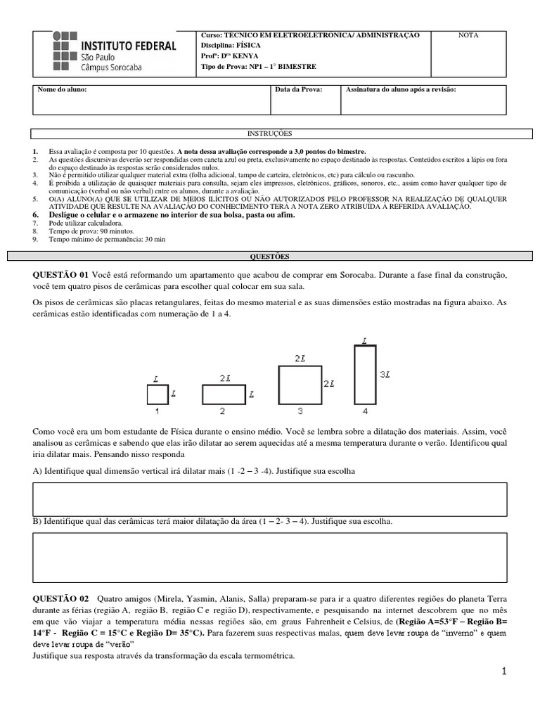 Prova NP1 FIS - 2 ADM 38 | PDF