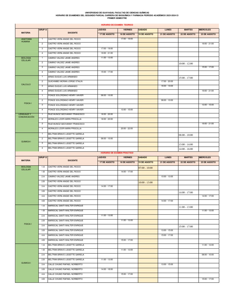 Horario De Examenes 2do Parcial Ciclo I 2023 2024 Pdf