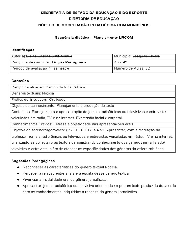 Plano de Aula 01 - Preenchido | PDF | Jornalismo | Jornais