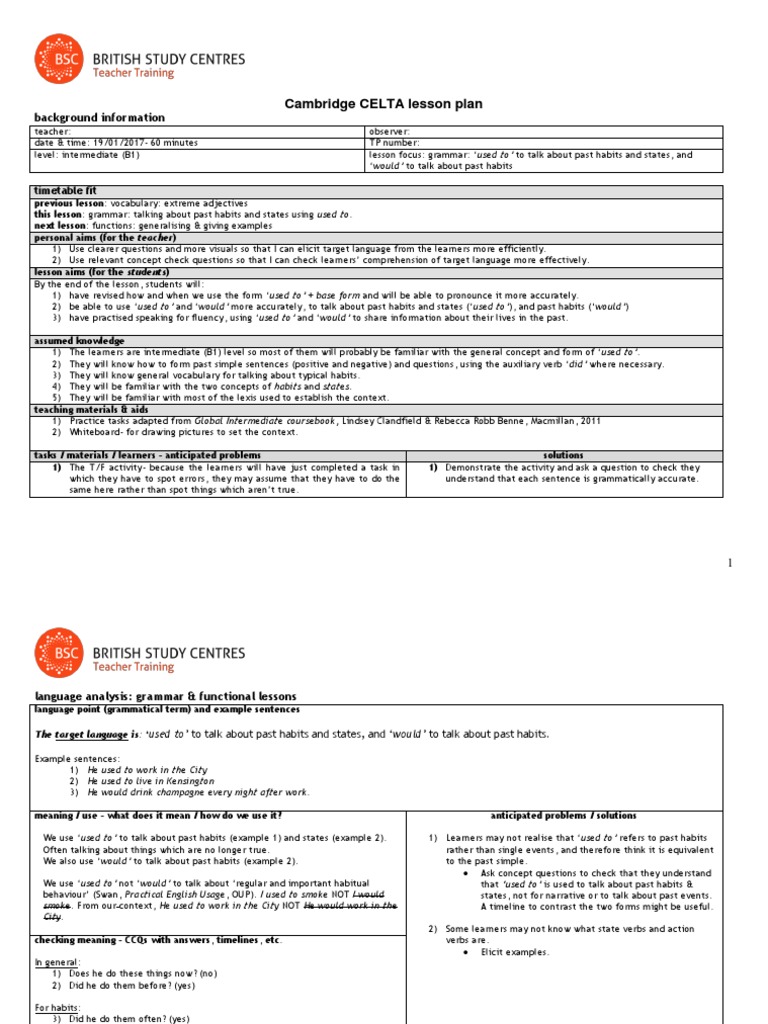 Sample Grammar Lesson Plan - Used To Would-1 | PDF