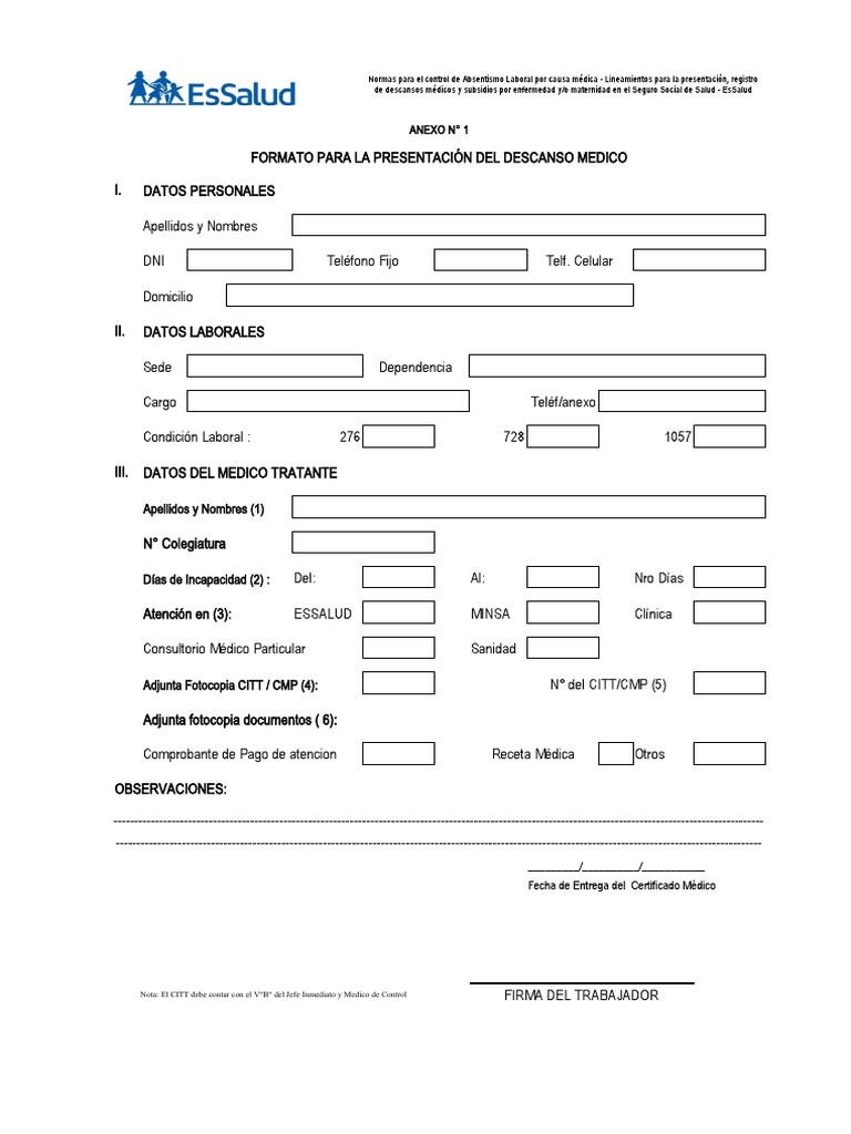 Formato de Descanso Médico EsSalud | PDF | Programas sociales | Ciencias de la Salud