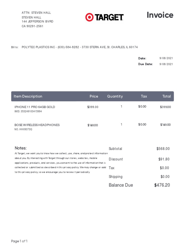 Iphone 11 Pro Target Invoice 2021 Pastics PDF | PDF