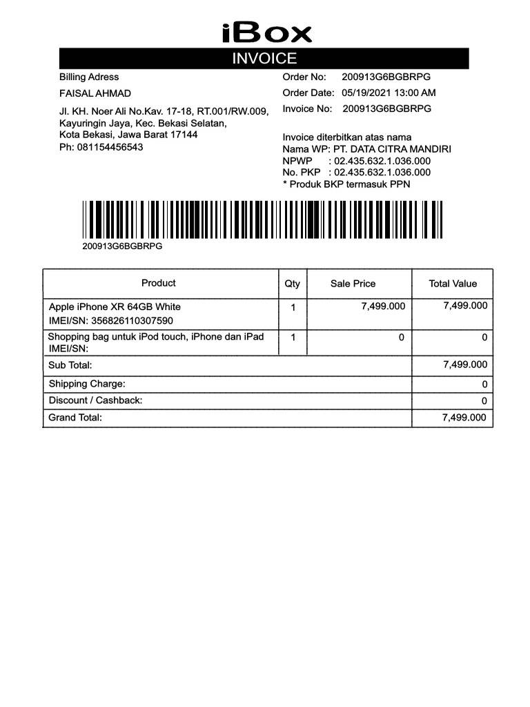 Ibox Iphone XR Bekasi 2021 May A4 Invoice PDF | PDF