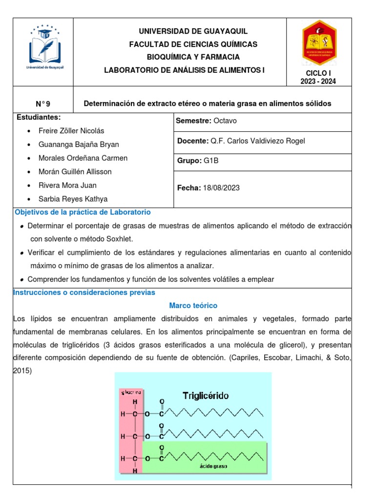 Informe 9 - Determinación de Grasas en Alimentos Sólidos | PDF | Lípido | Alimentos