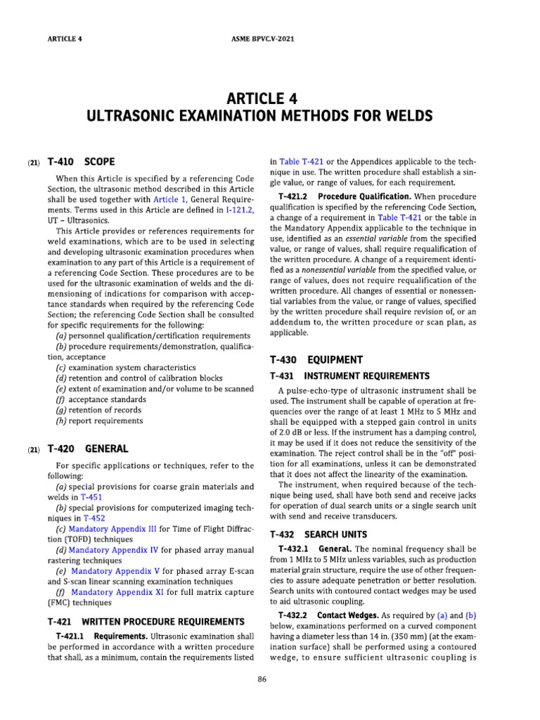 ASME BPVC V Article 4 Ultrasonic Examination Methods For Welds Ed.2021 ...