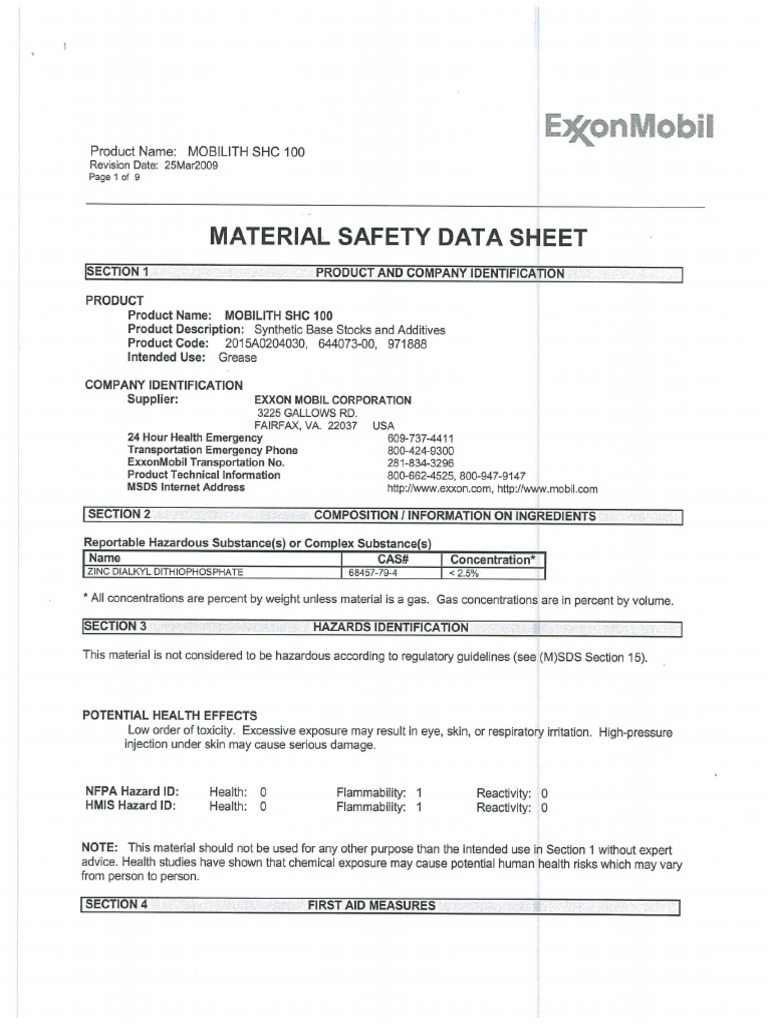 MSDS For Mobilith SCH 100 (Electrical Grease) | PDF