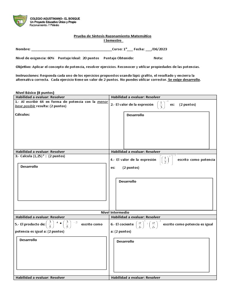 Prueba de Sintesis Razonamiento 1°M | PDF Prueba de Sintesis Razonamiento 1°M | PDF