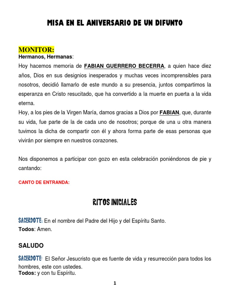 Misa en El Aniversario de Un Difunto | PDF | eucaristía | Cristo (título)