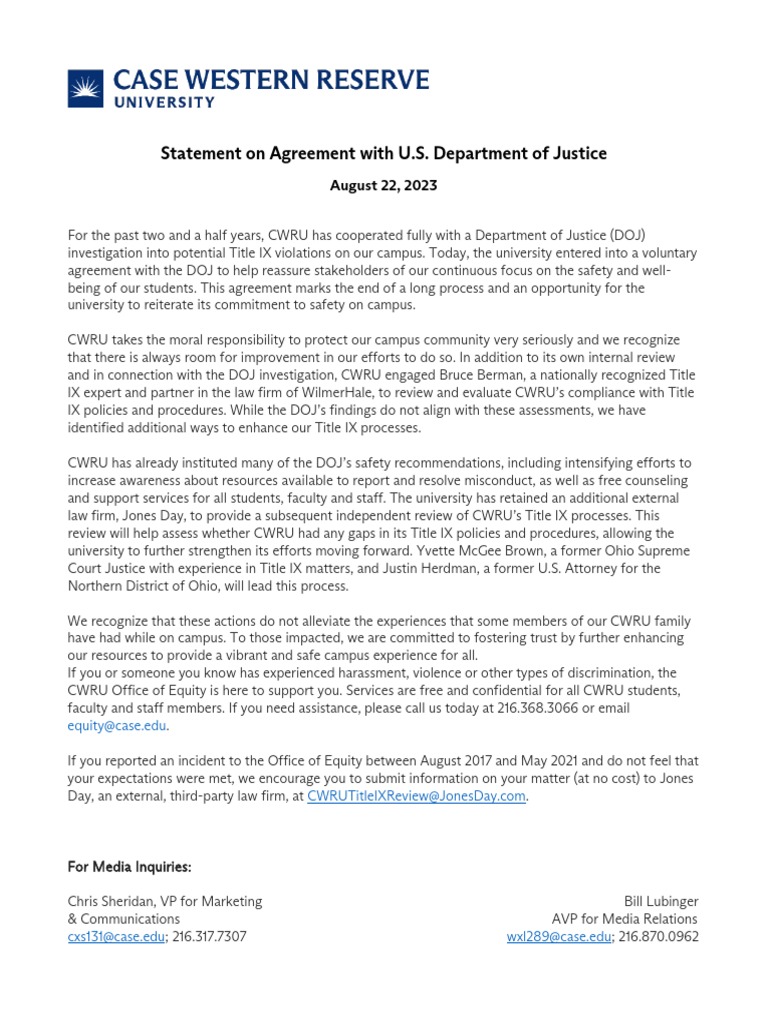 CWRU Statement On Agreement With DOJ | Download Free PDF | United ...