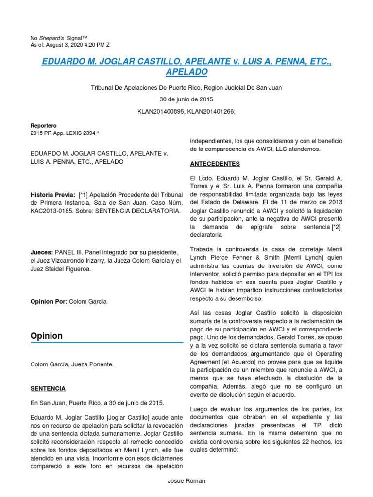 EDUARDO M JOGLAR CASTILLO APELANTE V LUIS A PENNA ETC APELADO 2015 PR ...