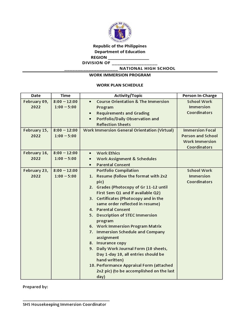 SHS Housekeeping Work Immersion Plan | PDF