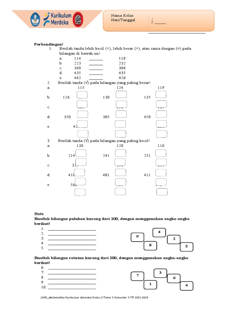 LK MTK Kelas 2. Minggu Ke 3 Hari 4 | PDF
