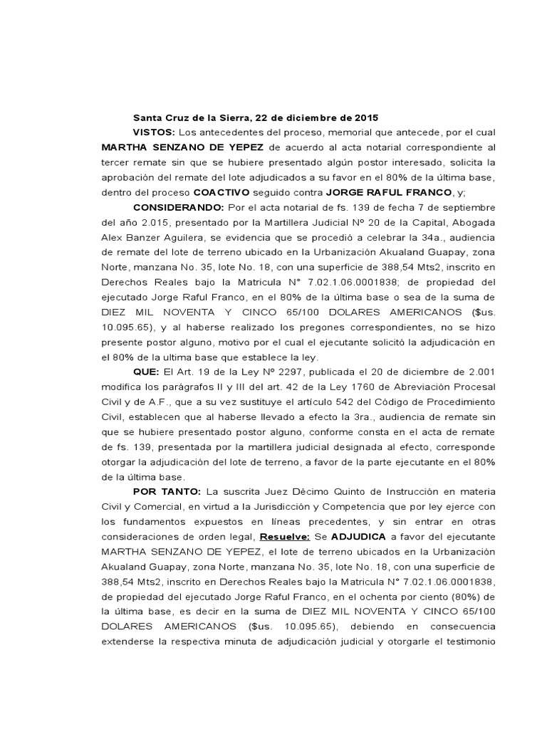 Adjudicación de lote a Martha Senzano | PDF | Justicia | Crimen y violencia
