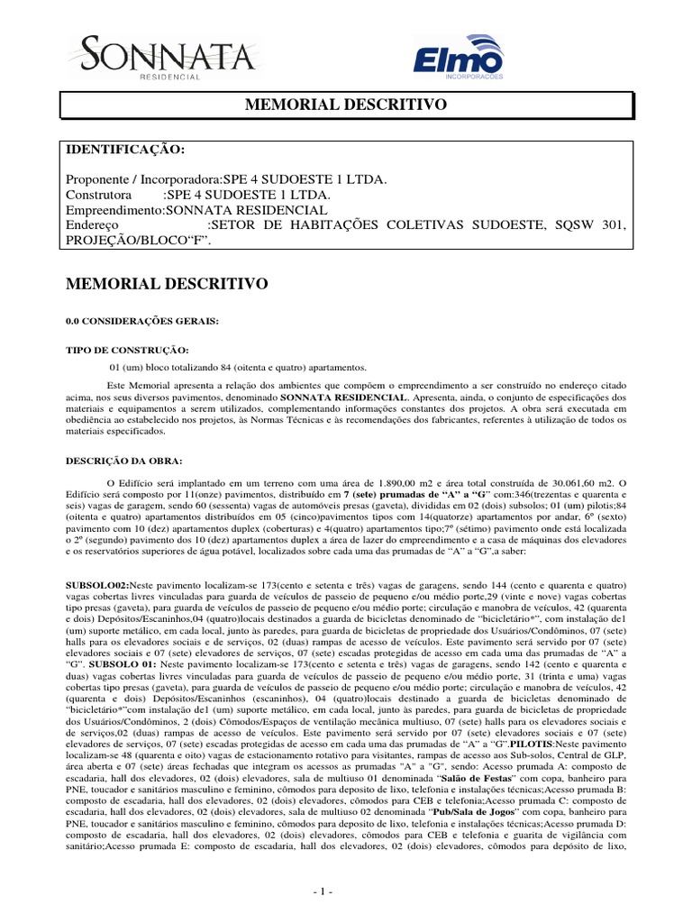 Modelo - Memorial Descritivo - Sonata | PDF | Apartamento | Argamassa ...