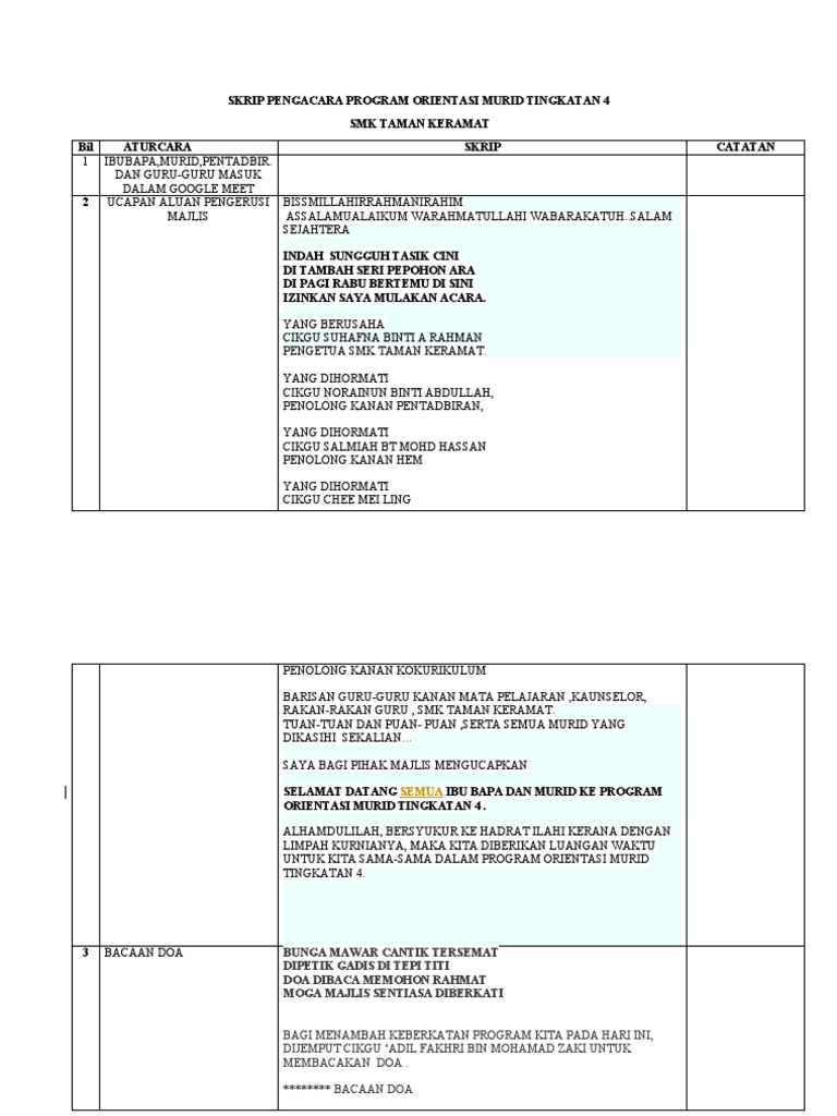 Skrip Pengacara Program Orientasi T4 | PDF | Ilmu Sosial