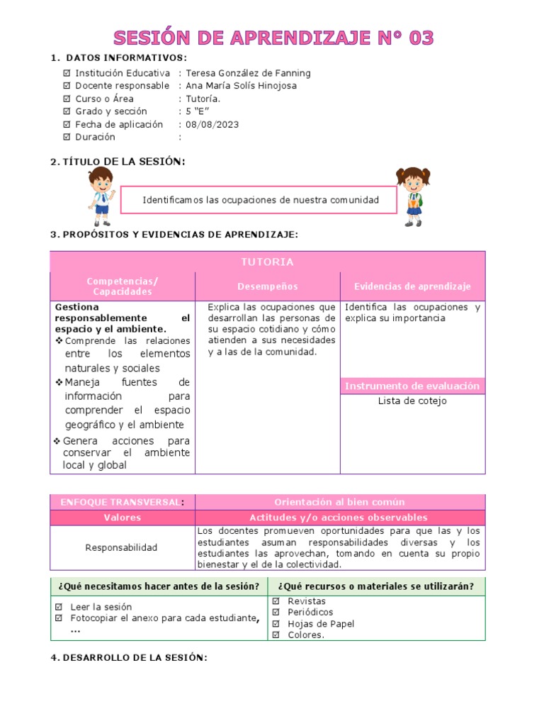 SESIÓN DE APRENDIZAJE 03 Identificamos Las Ocupaciones de Nuestra Comunidad-1 | Descargar gratis ...