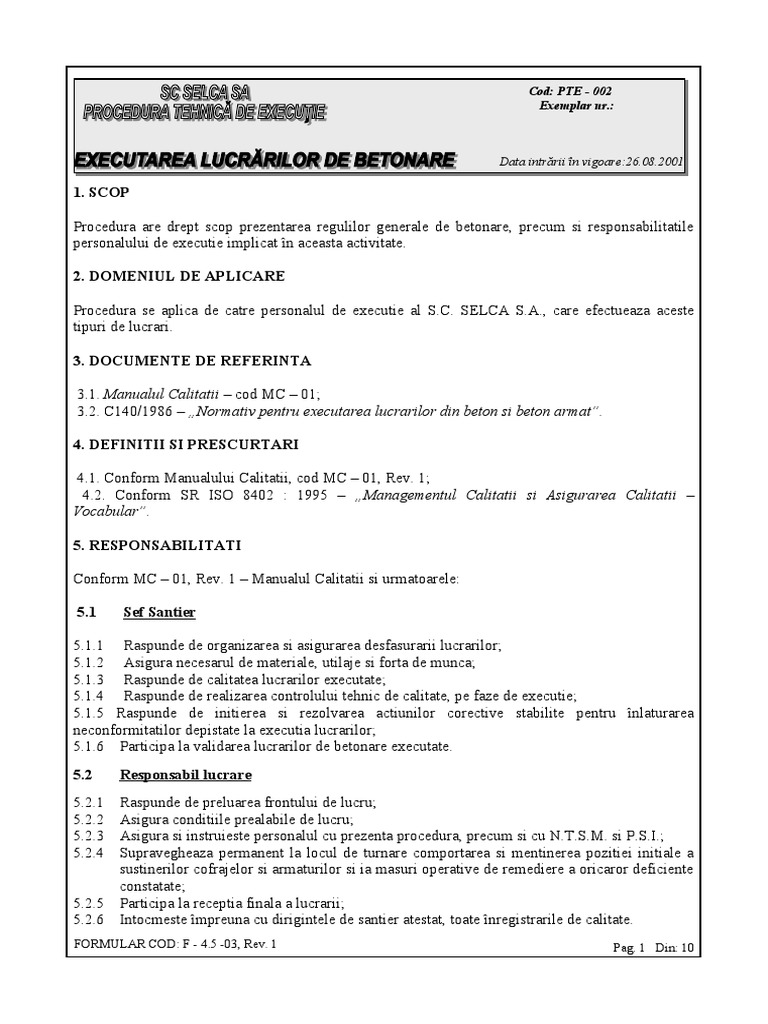 Proceduri Betonare | PDF