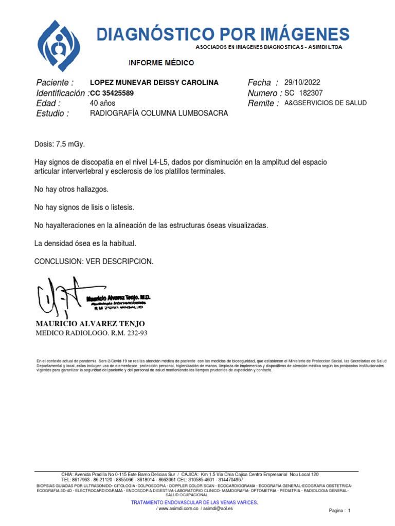Radiografía Lumbosacra: Discopatía L4-L5 | PDF | Salud y bienestar