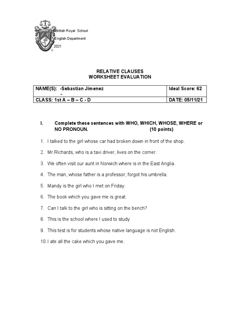 RELATIVE CLAUSES WORKSHET EVALUATION Student S | PDF | Language Arts ...