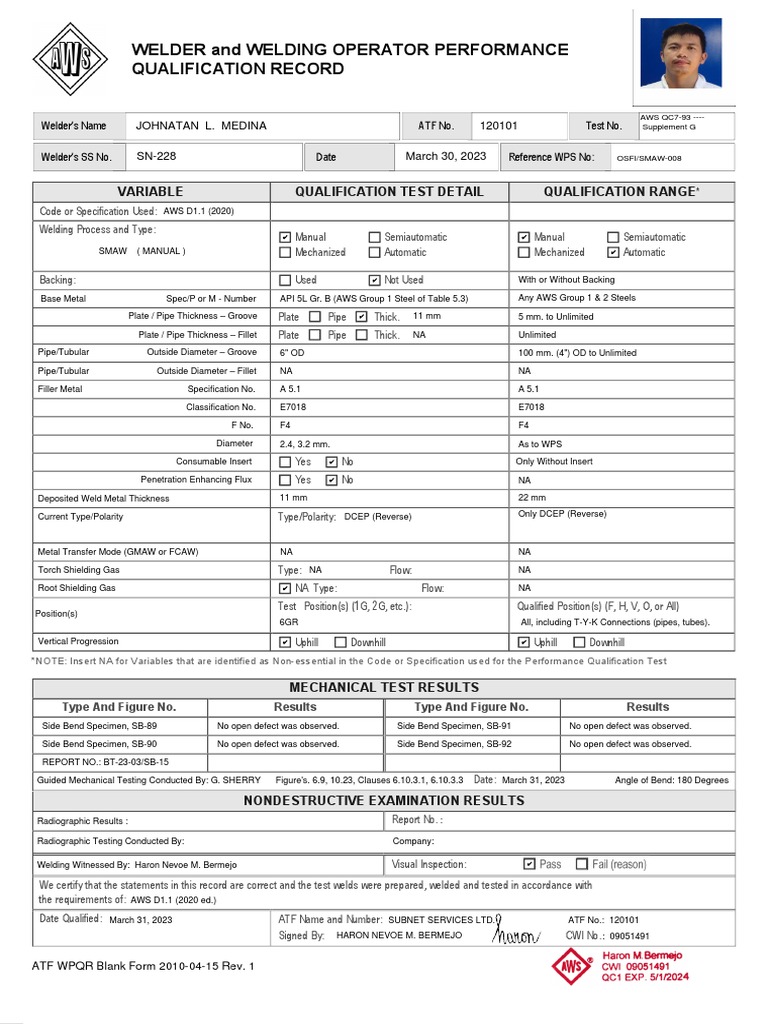 WQT Form (AWS D1.1) 04-23 | PDF | Pipe (Fluid Conveyance) | Construction