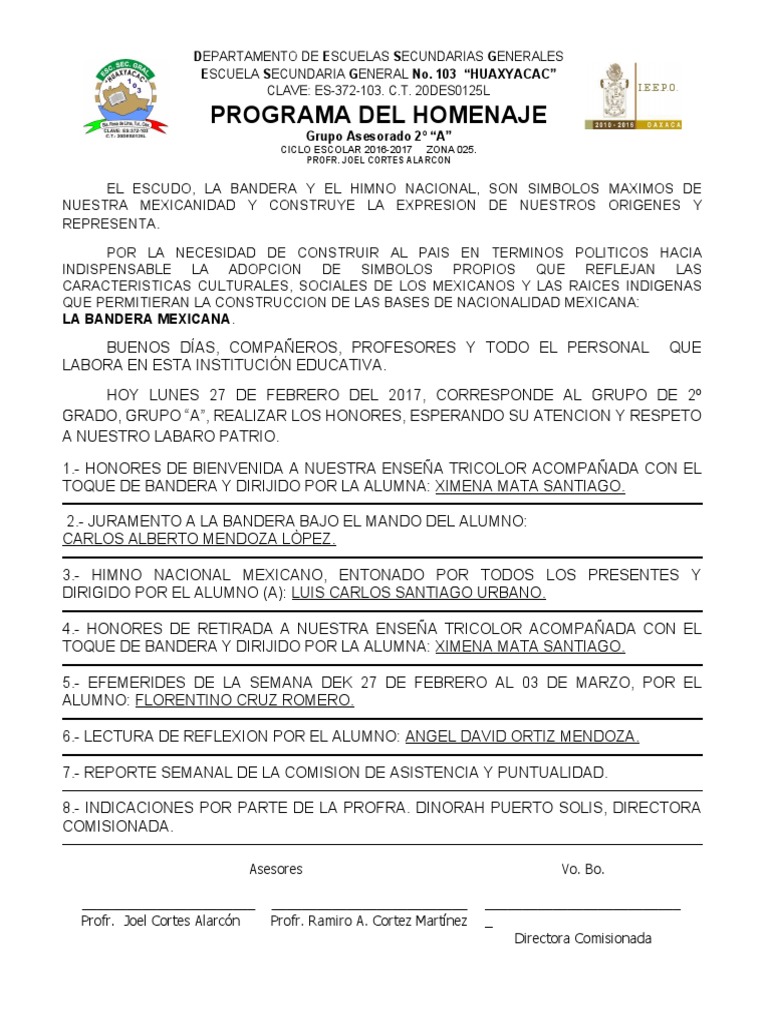 Programa de Homenaje, Izada, Arriada. | PDF