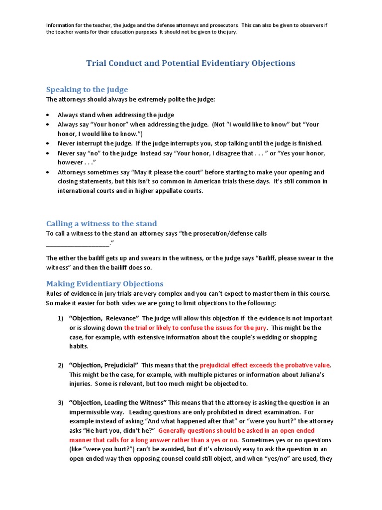 Court Conduct and Potential Evidentiary Objections | PDF