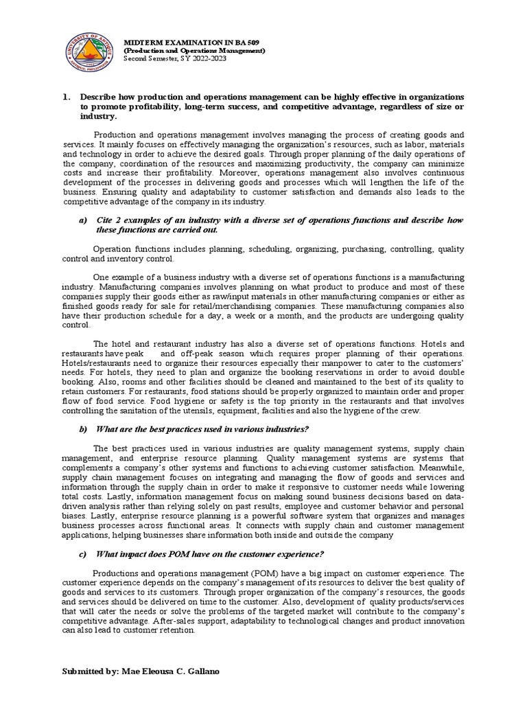 MIDTERMS - OM 2nd Sem 2022-2023 | PDF | Quality Management | Quality ...