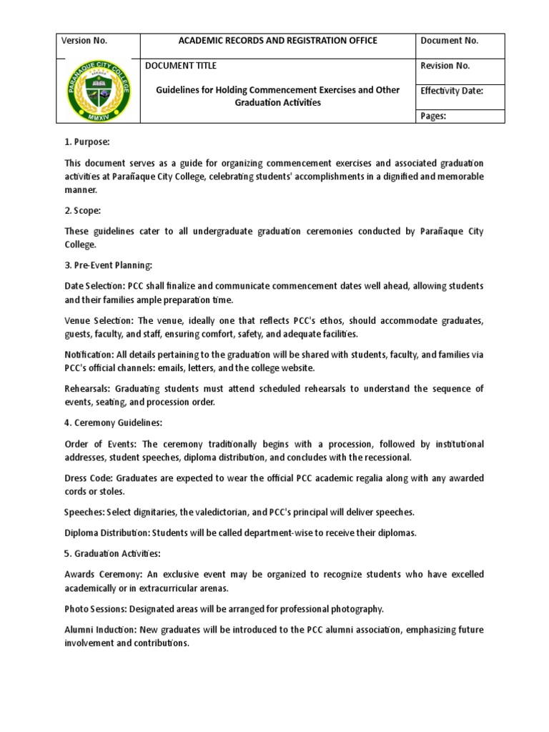 Commencement Guidelines for PCC Events | PDF