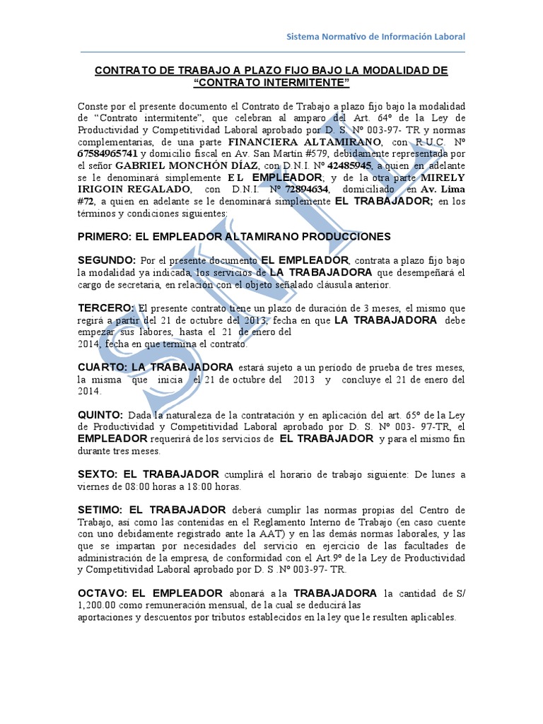 Contrato de Trabajo Intermitente | PDF | Derecho laboral | Gobierno