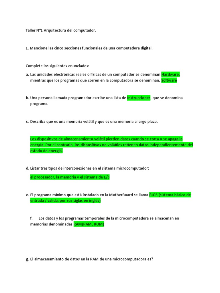 Taller 1 Arquitectura Del Computador | PDF | Almacenamiento de datos de ...